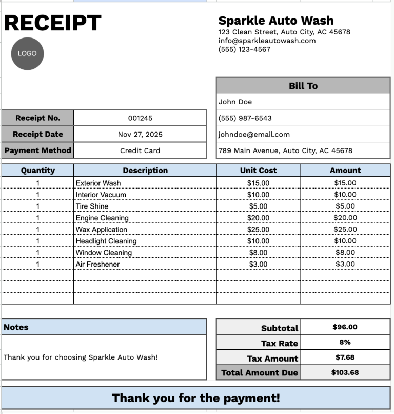 Free☝️ Car Wash Receipt Template (Google Sheets, Excel, Word, Google ...