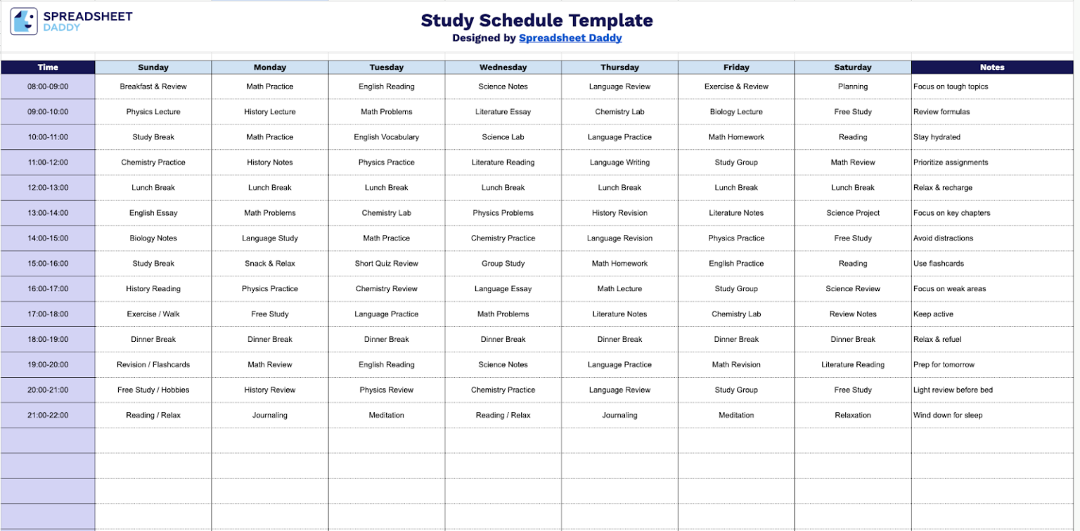 Free☝️ Study Schedule Template (Google Sheets, Excel, & PDF Downloads)