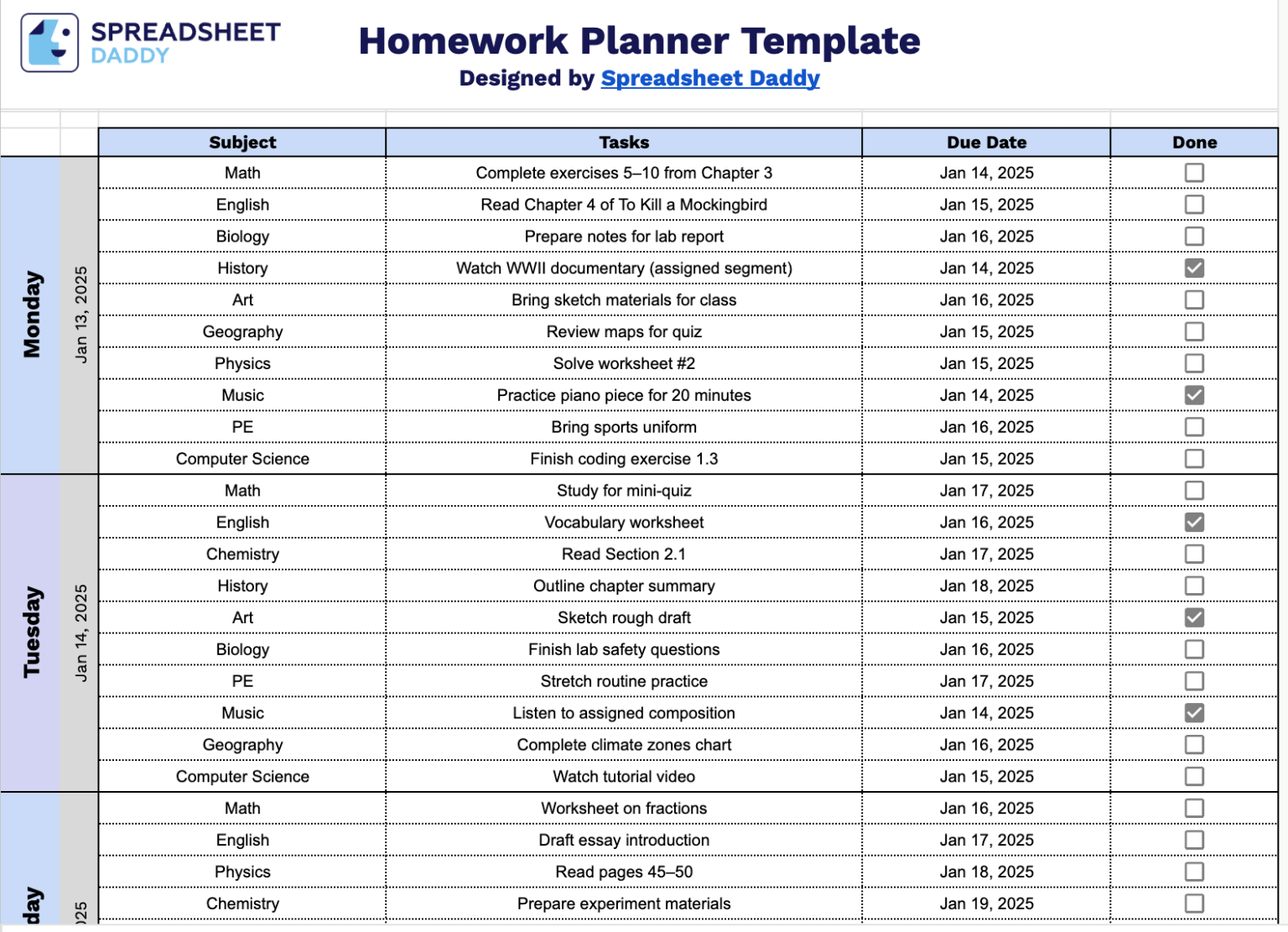 Free☝️ Homework Planner Template (Google Sheets, Excel, & PDF Downloads)