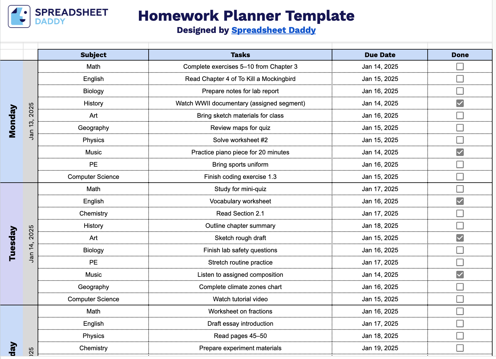 Free☝️ Homework Planner Template (Google Sheets, Excel, & PDF Downloads)