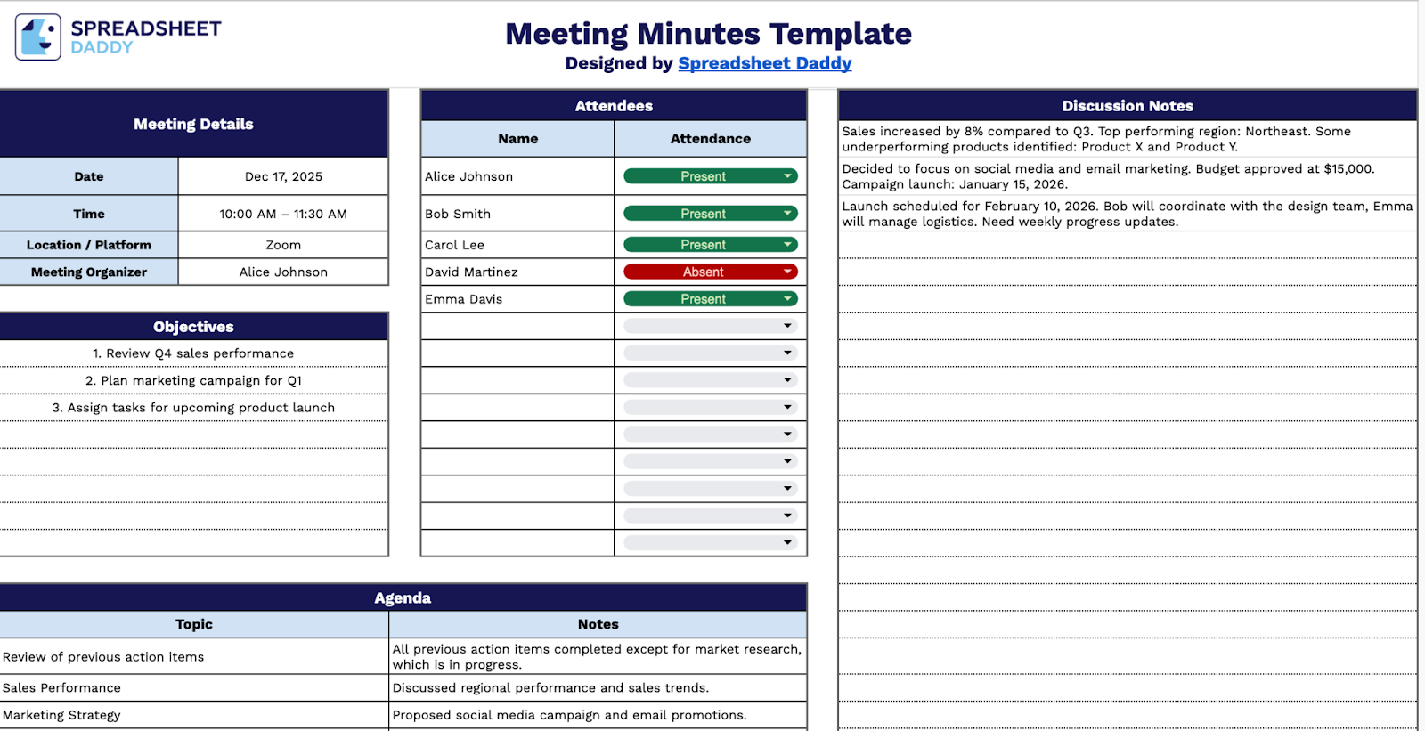 Free☝️ Meeting Minutes Template (Google Sheets, Excel, & PDF Downloads)