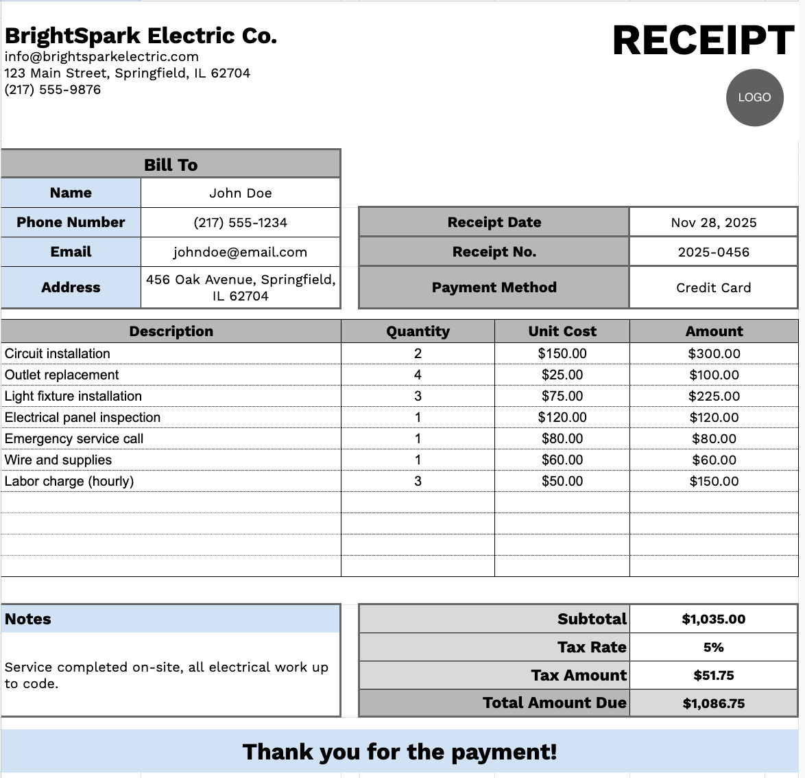 Free☝️ Electrician Receipt Template (Google Sheets, Excel, Word, Google ...