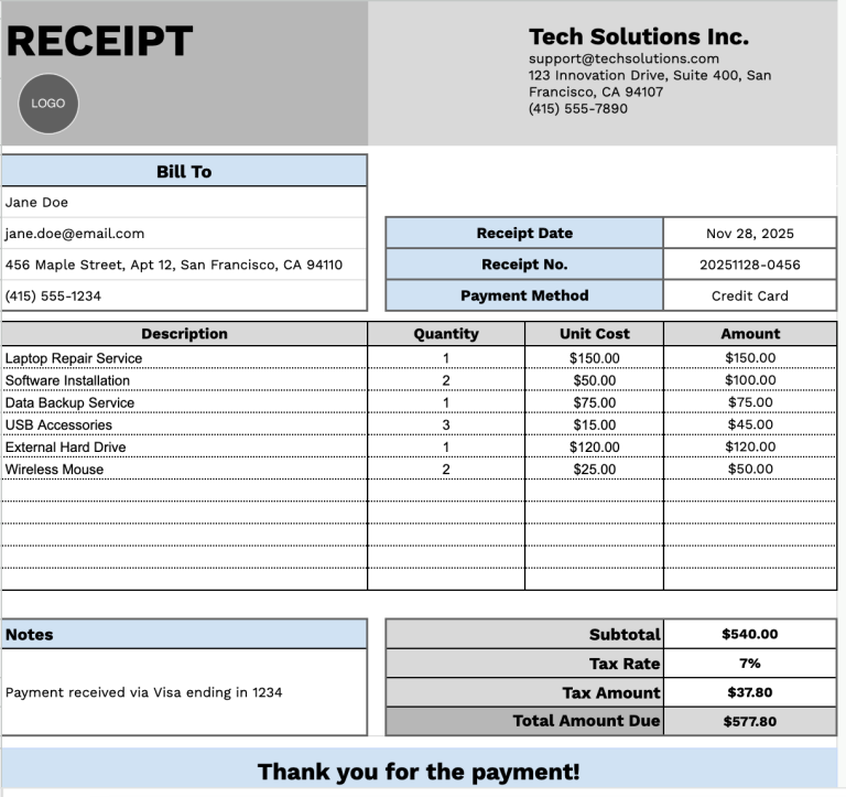 Free☝️ Credit Card Receipt Template (Google Sheets, Excel, Word, Google ...