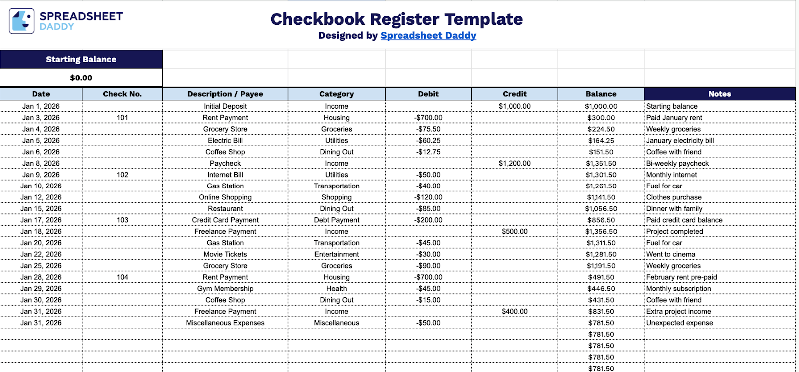 Free☝️ Checkbook Register Template (Google Sheets, Excel, & PDF Downloads)