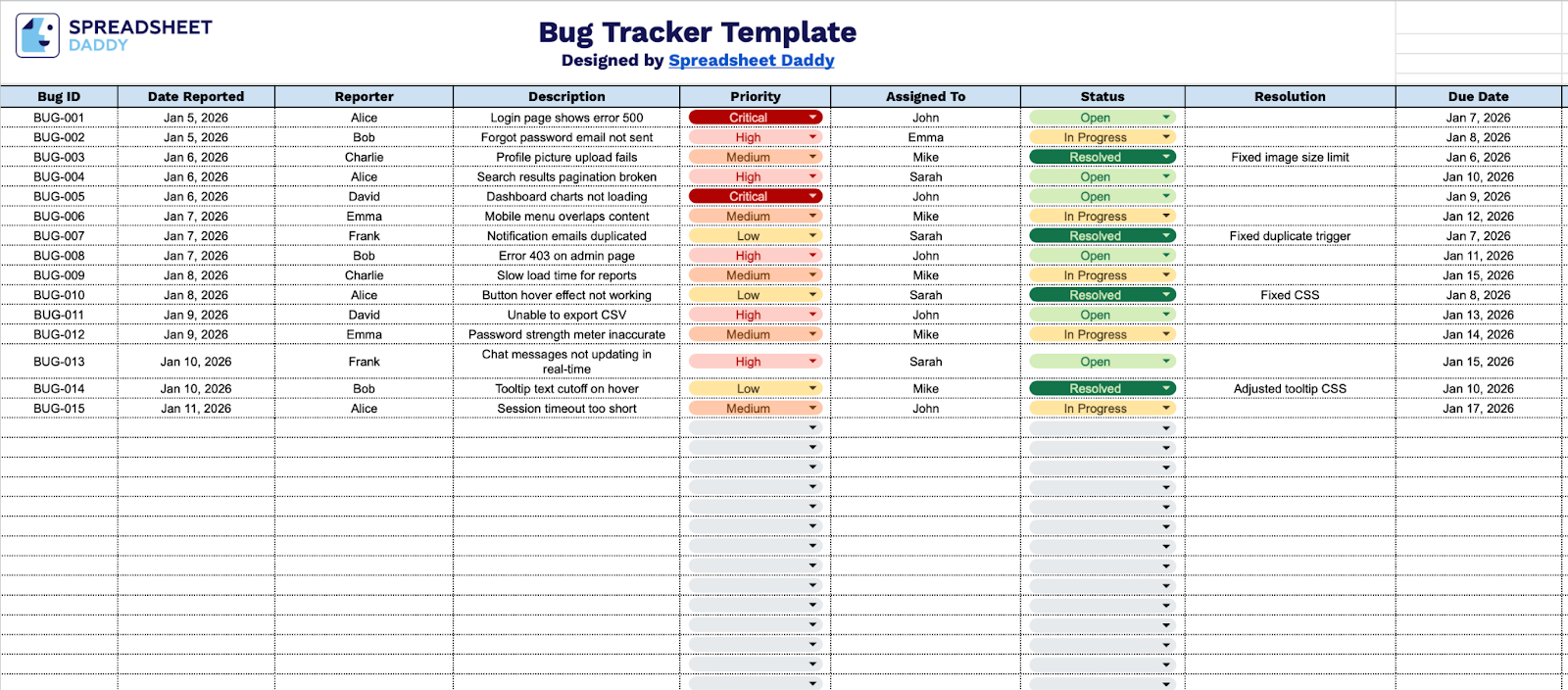 Free☝️ Bug Tracker Template (Google Sheets, Excel, & PDF Downloads)