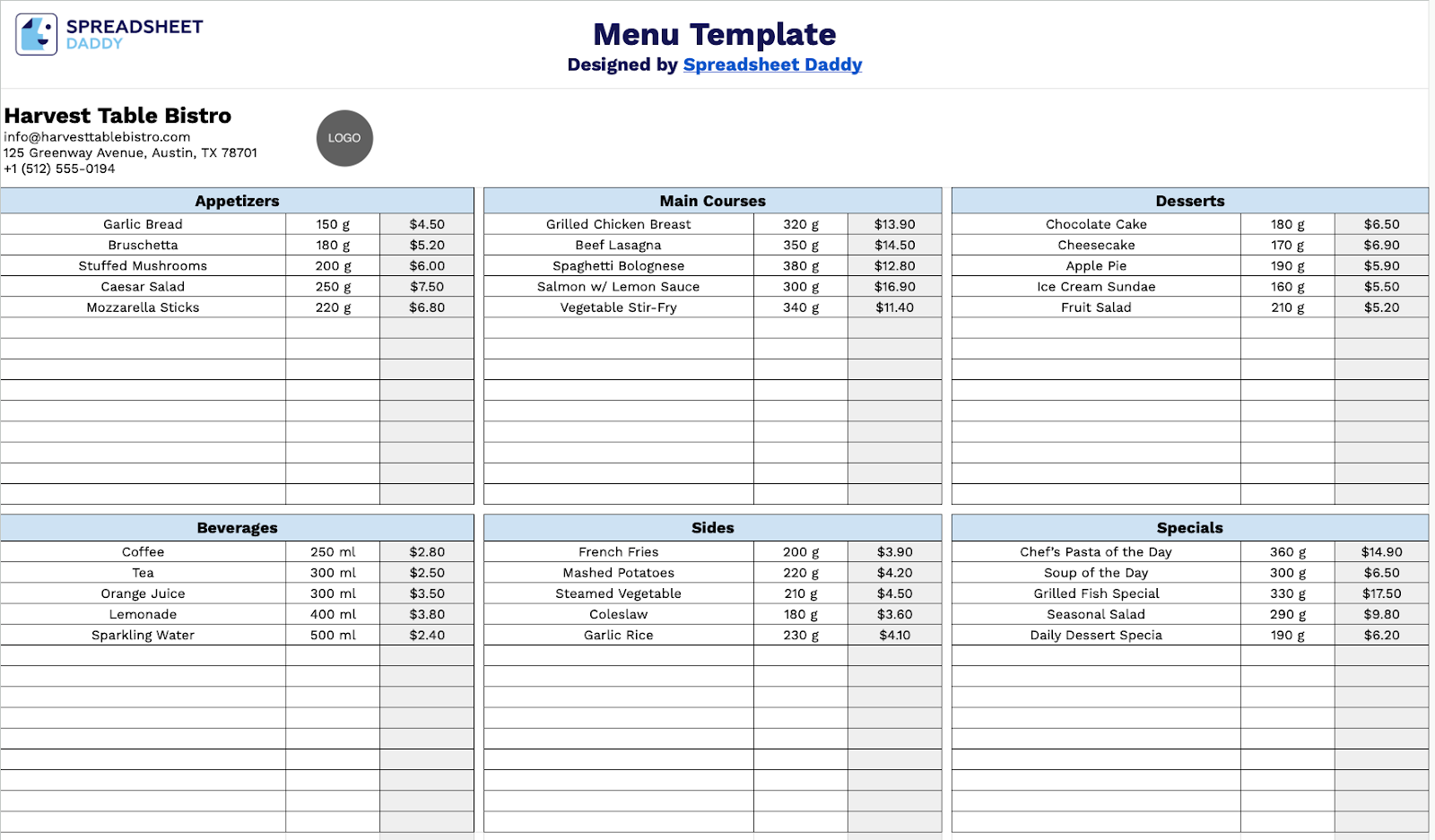Free☝️ Menu Template (Google Sheets, Excel, & PDF Downloads)