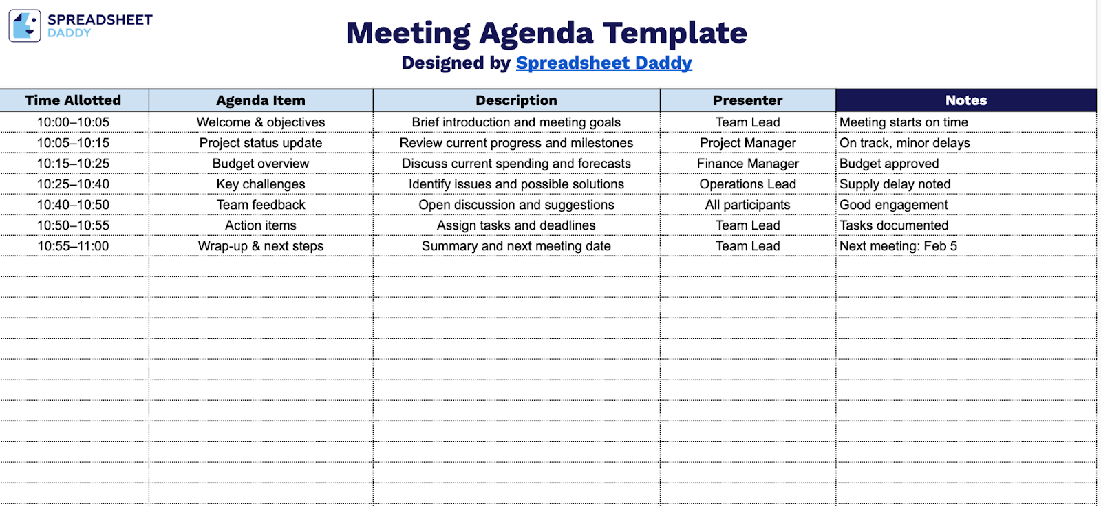 Free☝️ Meeting Agenda Template (Google Sheets, Excel, & PDF Downloads)