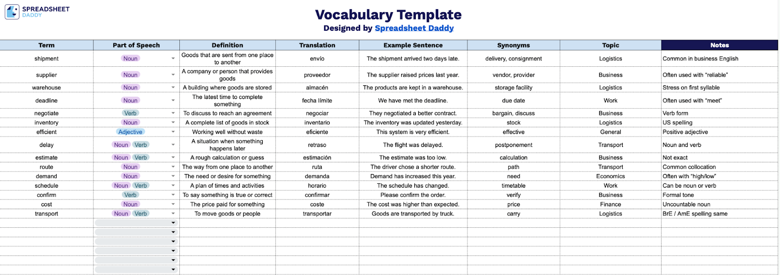 Free☝️ Vocabulary Template (Google Sheets, Excel, & PDF Downloads)