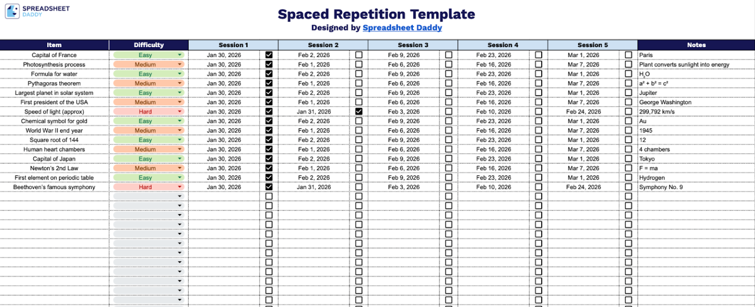Free☝️ Spaced Repetition Template (Google Sheets, Excel, & PDF Downloads)
