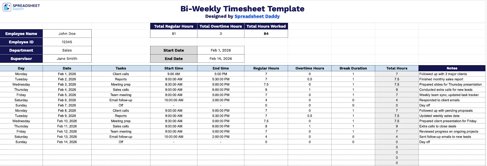 Free☝️ Bi-Weekly Timesheet Template (Google Sheets, Excel, & PDF Downloads)