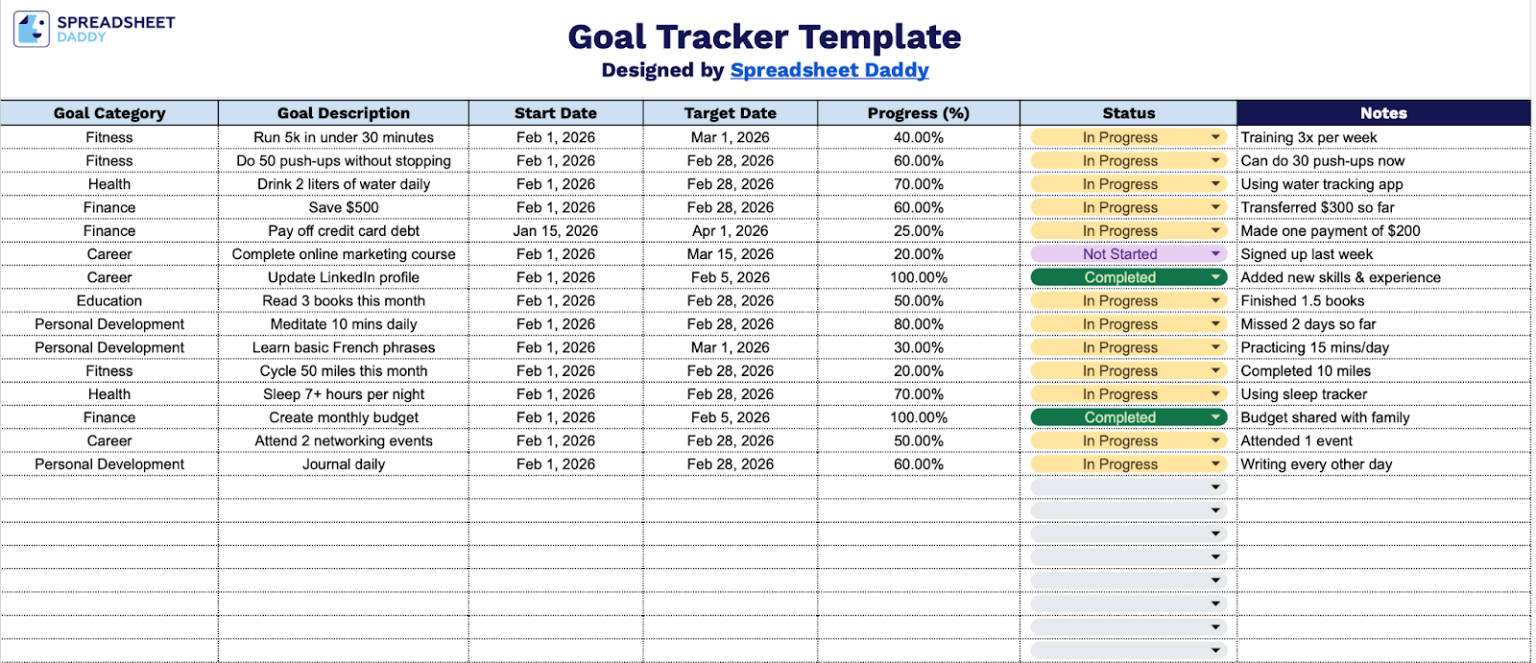 Free☝️ Goal Tracker Template (Google Sheets, Excel, & PDF Downloads)