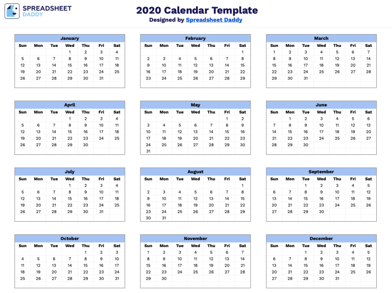 Free☝️ 2020 Calendar Template (Google Sheets, Excel, & PDF Downloads)