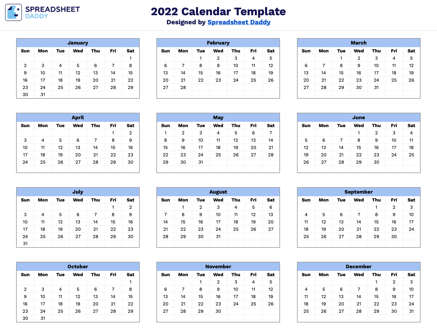 Free☝️ 2022 Calendar Template (Google Sheets, Excel, & PDF Downloads)