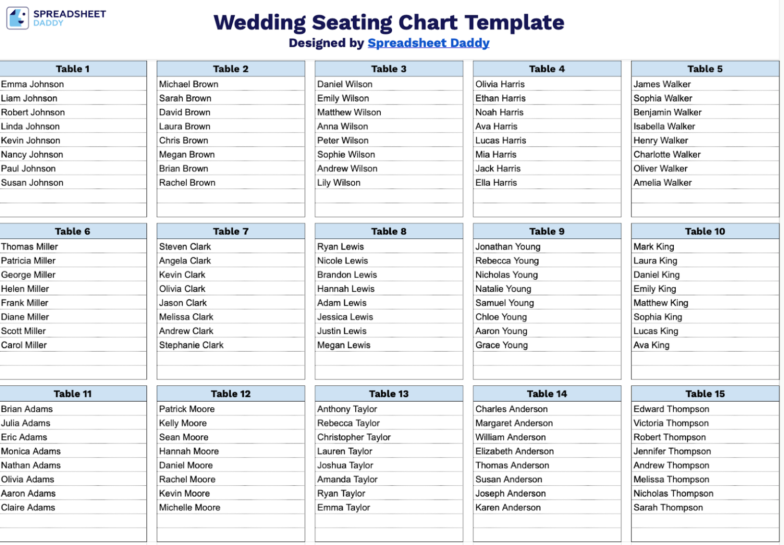 Free☝️ Wedding Seating Chart Template (Google Sheets, Excel, & PDF ...