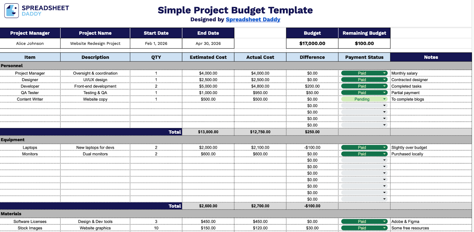 Free☝️ Simple Project Budget Template (Google Sheets, Excel, & PDF ...