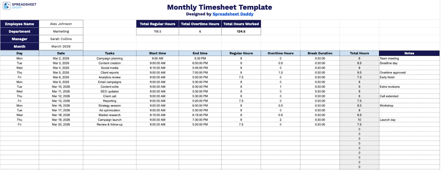 Free☝️ Monthly Timesheet Template (Google Sheets, Excel, & PDF Downloads)