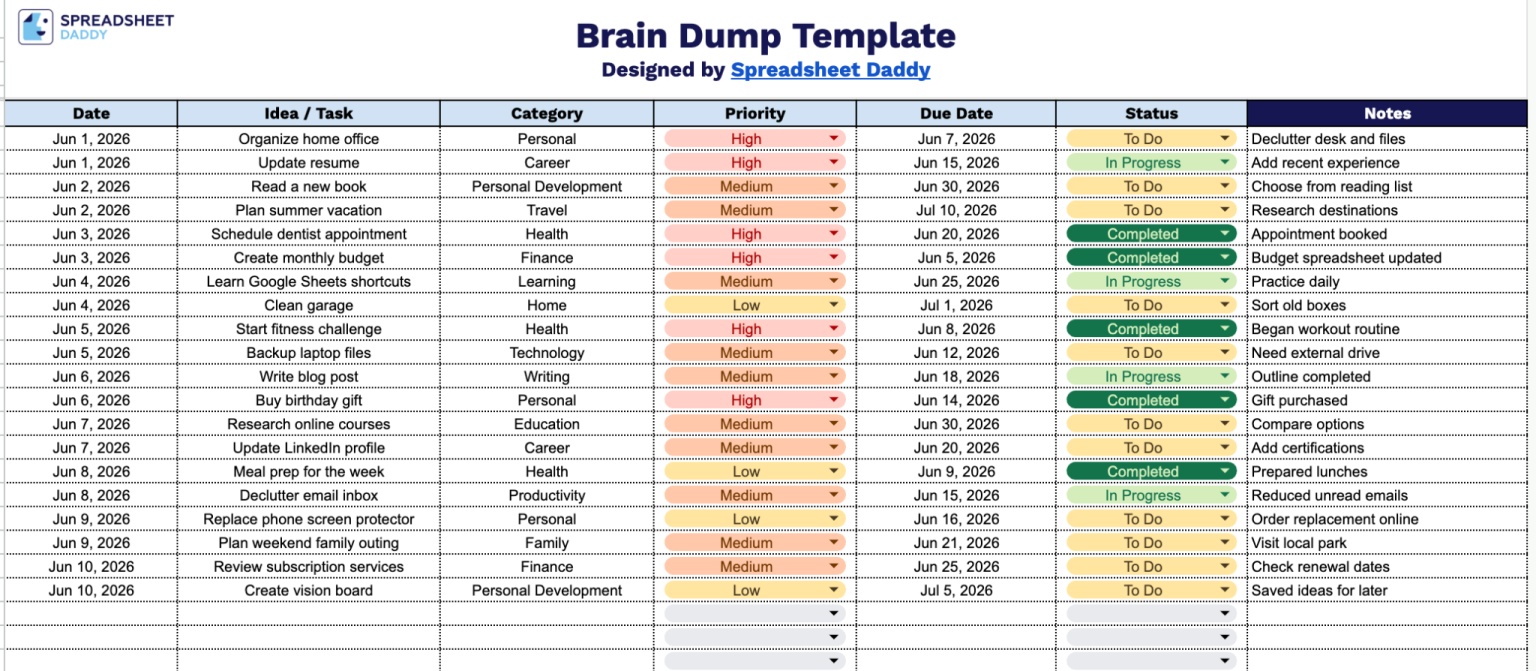 Free☝️ Brain Dump Template (Google Sheets, Excel, & PDF Downloads)