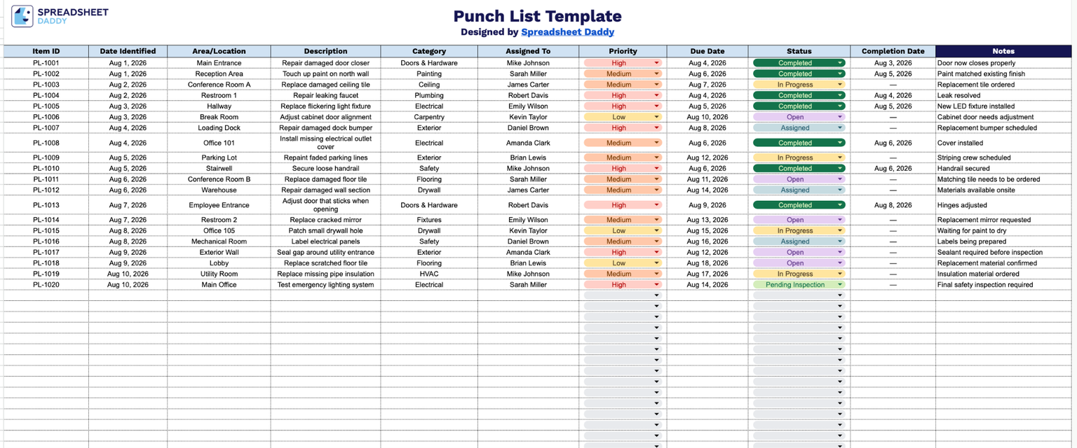 Free☝️ Punch List Template (Google Sheets, Excel, & PDF Downloads)